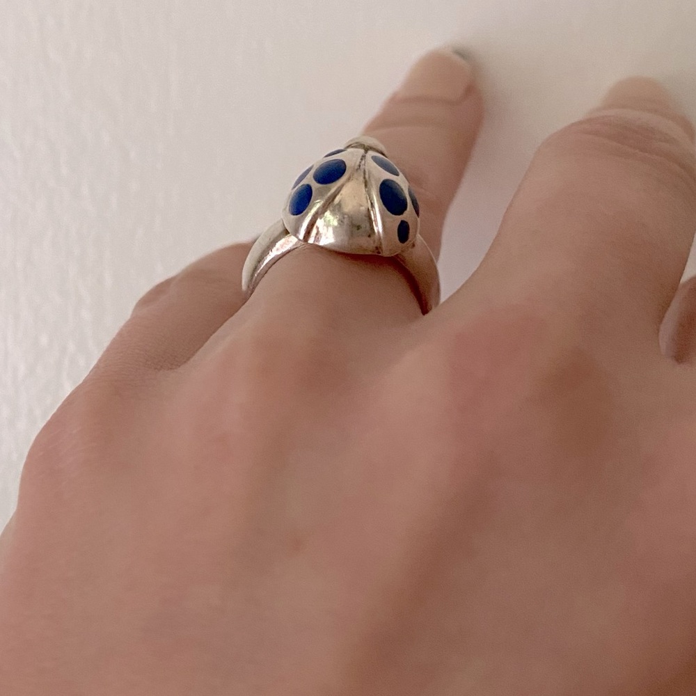 Sterling Silver Blue Spotted Ladybug Insect Ring - Gem
